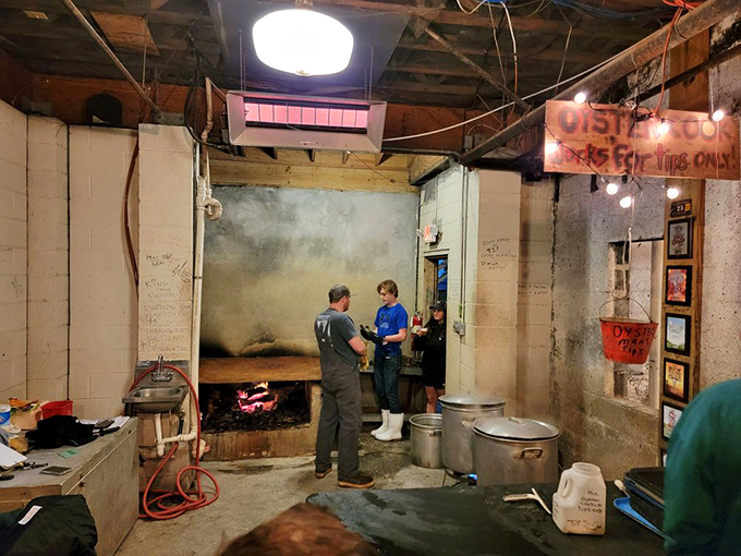 The oyster room—where the magic happens. No fancy equipment, just fire, steam, and generations of know-how creating seafood perfection.