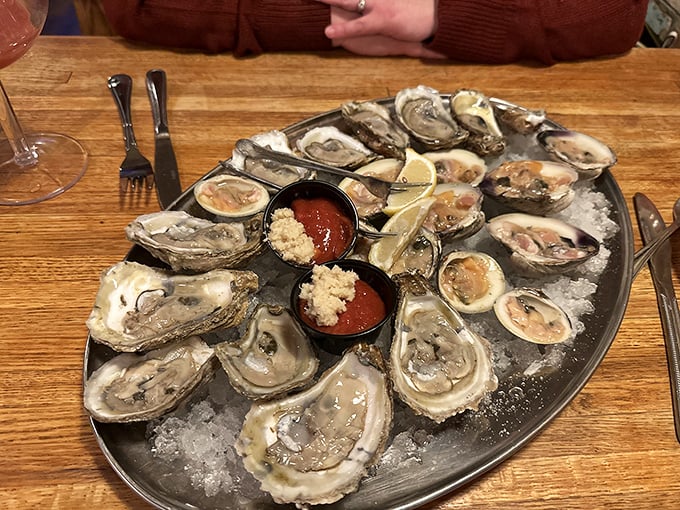 A platter of oysters on ice—nature's perfect appetizer. These briny jewels need nothing more than a squeeze of lemon and good company.