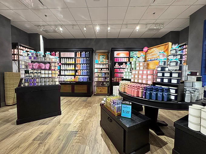 Bath and body products arranged like a fragrant rainbow—because nothing says "successful shopping trip" like smelling fantastic while carrying discount designer bags.