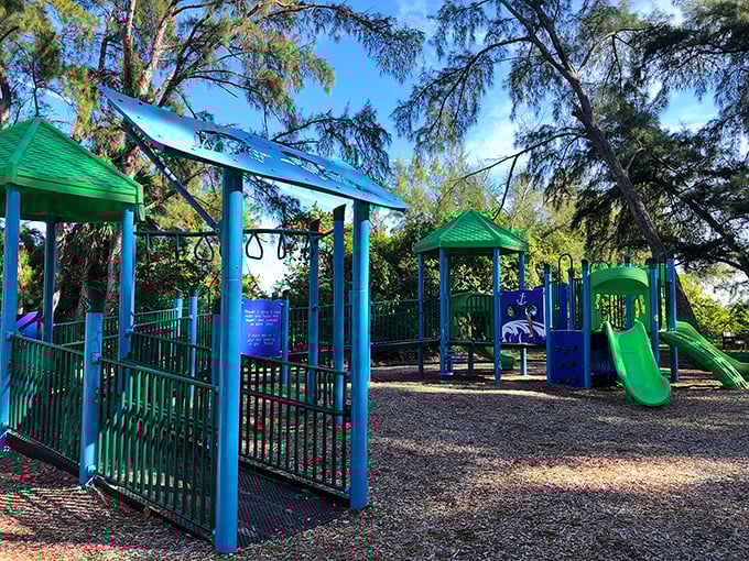 Even paradise needs a playground. After the kids have had their fill of nature, they can have their fill of slides and swings.