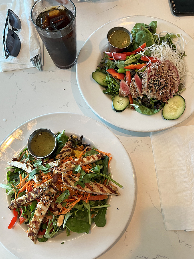 Two salads that prove healthy eating doesn't mean sacrificing flavor—vibrant, fresh, and topped with protein that means business.