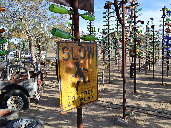 "SLOW CHILDREN AT PLAY" – solid advice for visitors of all ages at this playground for the imagination.