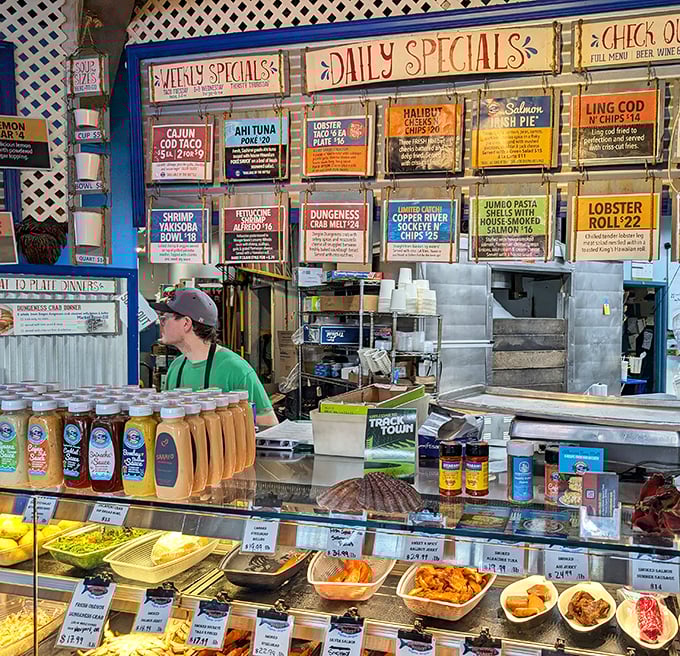The daily specials board—where seafood dreams are born and difficult decisions are made. Choose wisely, my friends.