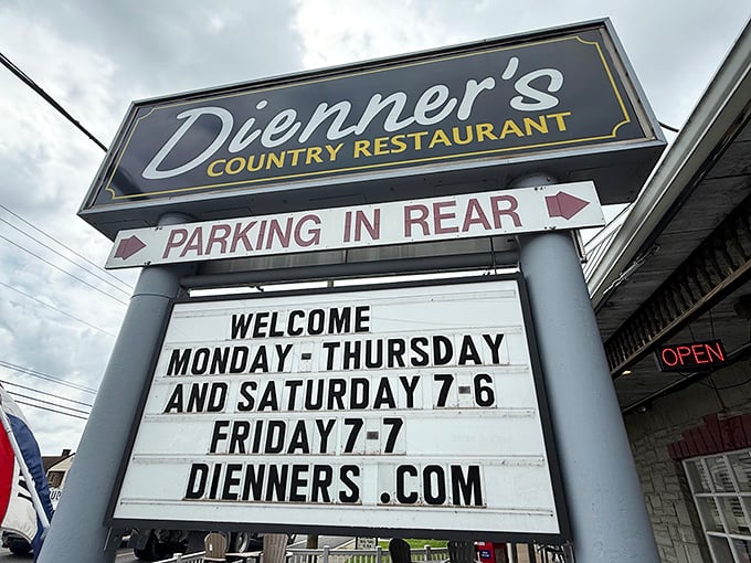 The sign that launches a thousand road trips—hours posted like a promise of good things to come.