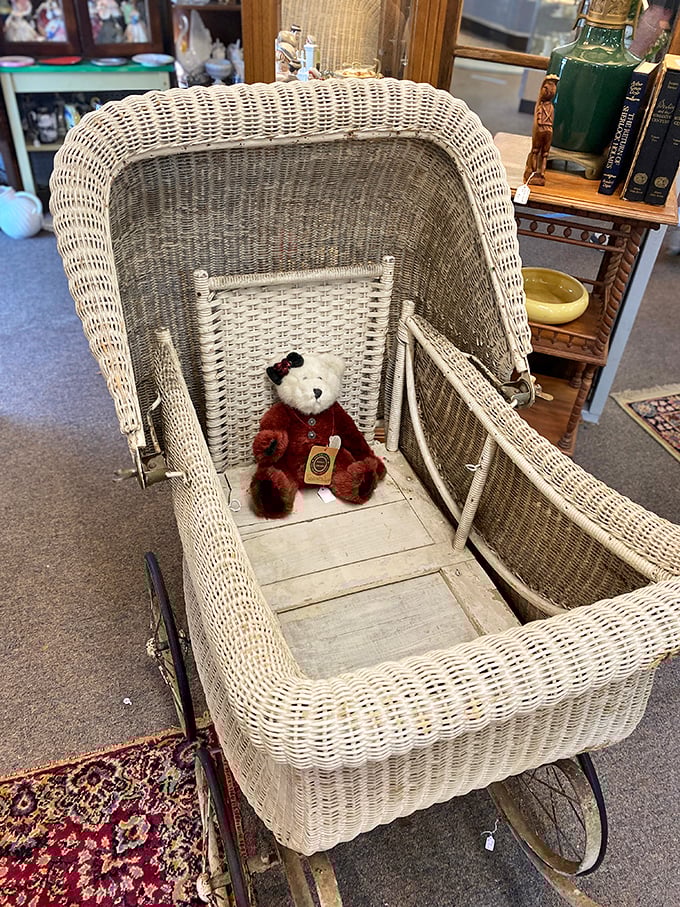 This vintage wicker baby carriage wasn't made for jogging. Teddy's first-class ride harkens back when strollers were elegant, not engineered.