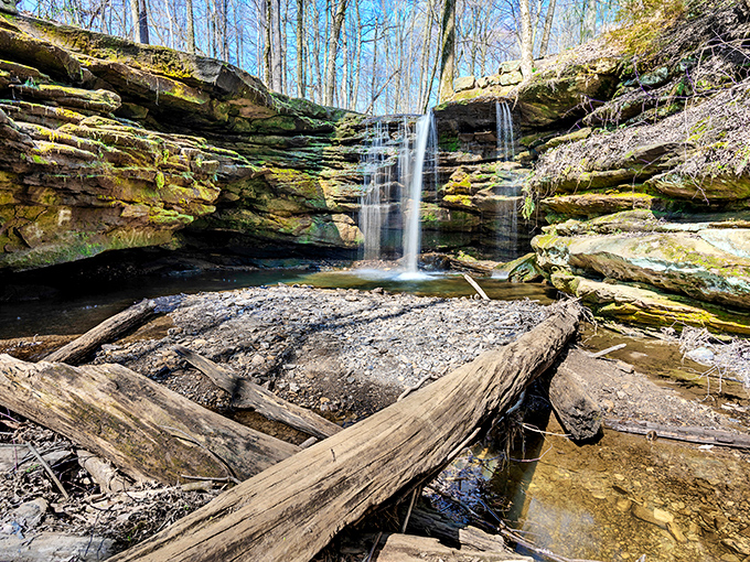 Early spring at Dundee Falls reveals the bare-bones beauty of the place—like seeing the impressive architecture before the landscaping fills in.