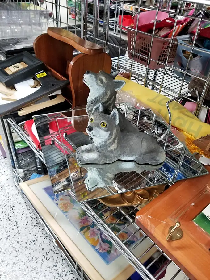 Wolf figurines howling for attention amid the bric-a-brac—the kind of quirky find that becomes your most-mentioned conversation piece.