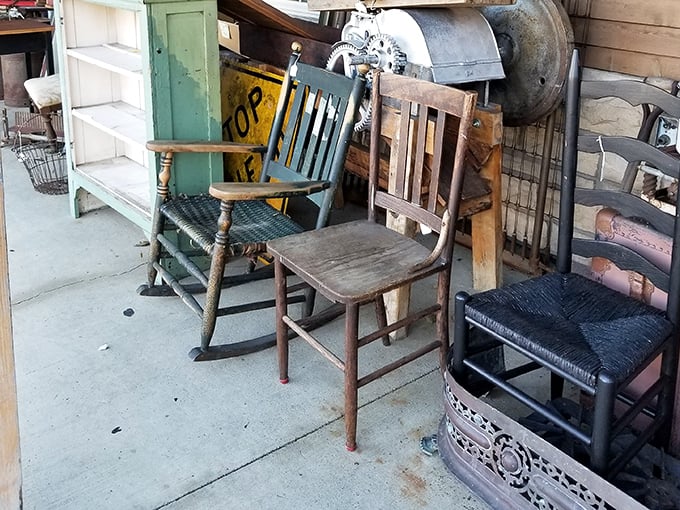 The chair lineup looks like a family reunion of seating – each with its own personality, patina, and tales of the behinds they've supported.