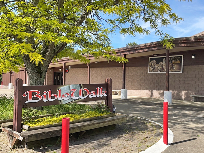 The Bible Walk sign welcomes spiritual explorers to this unique attraction. Faith meets artistry in three-dimensional form!