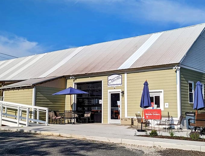 Drifting Grounds' sunny yellow building stands ready to brighten your day—even before the caffeine kicks in.