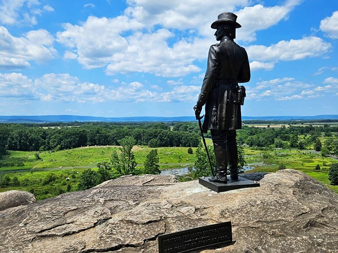 A silent sentinel watches over Gettysburg's hallowed ground, reminding us that history isn't just in books—it's in the land beneath our feet.