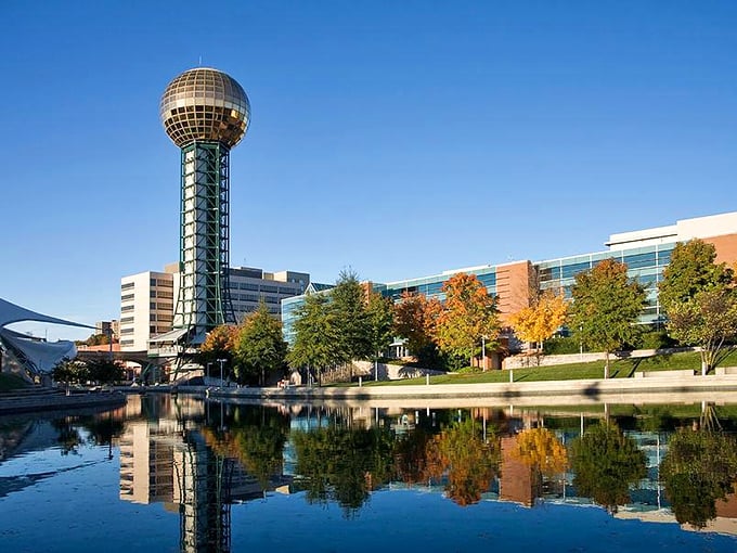 Knoxville's Sunsphere gleams like a golden disco ball, a retro-futuristic landmark that's pure Tennessee optimism.