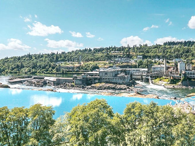 Oregon City's historic waterfront – where industrial heritage meets natural beauty in a surprising embrace.