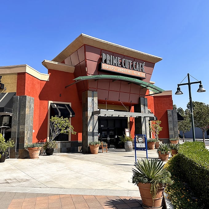 Prime Cut Café brings modern flair to the steakhouse scene. That bold orange exterior signals this isn't your grandfather's meat joint!