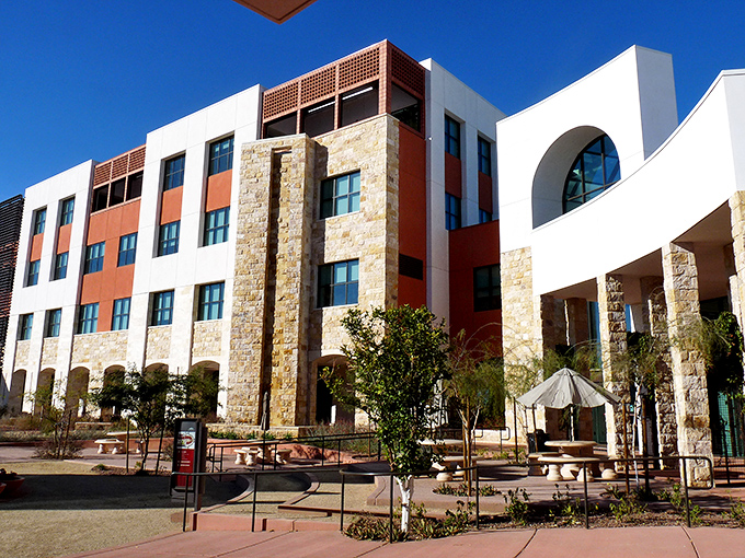 Surprise's modern architecture stands crisp against the desert landscape - like someone dropped a slice of contemporary design onto the saguaro canvas.