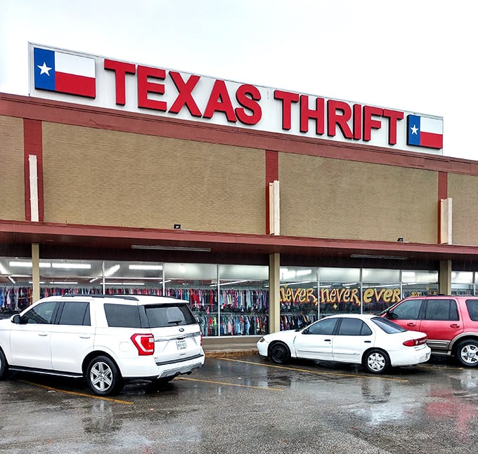 Texas pride flies high at this Austin thrift store, where the Lone Star flag colors frame a universe of possibilities.