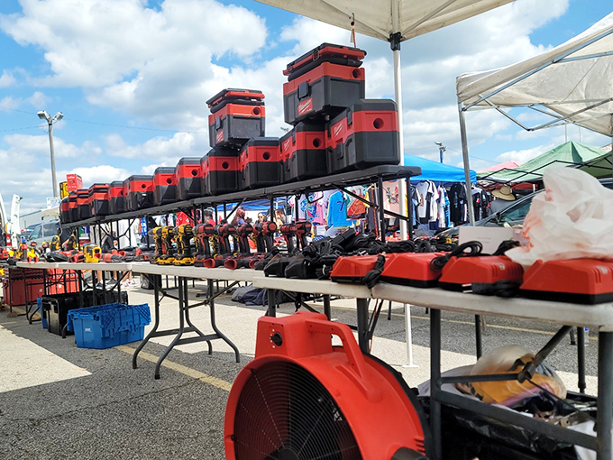 Those red carnival decorations scream "fun house of finds" - step right up, bargain seekers!