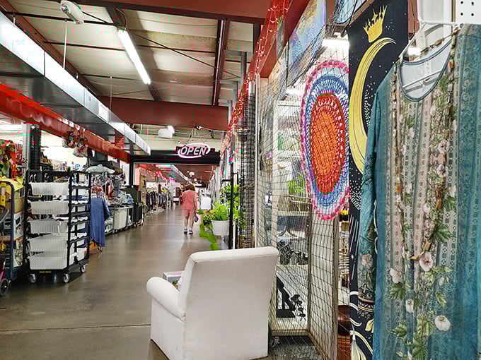 Color pops against concrete floors. Caesar Creek's vibrant displays create an indoor carnival of collectibles.