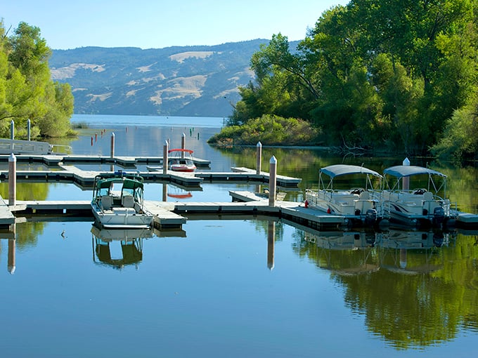 This serene image showcases a peaceful marina on Clear Lake in California, with boats docked on calm waters surrounded by lush trees and distant rolling hills.