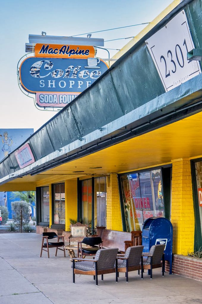 That vintage sign at MacAlpine's promises more than coffee – it's offering a sip of Phoenix history with your breakfast.