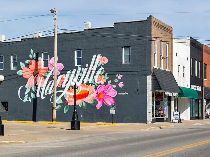 The vibrant Maryville mural blooms with color against brick walls – street art that captures the town's blossoming spirit.