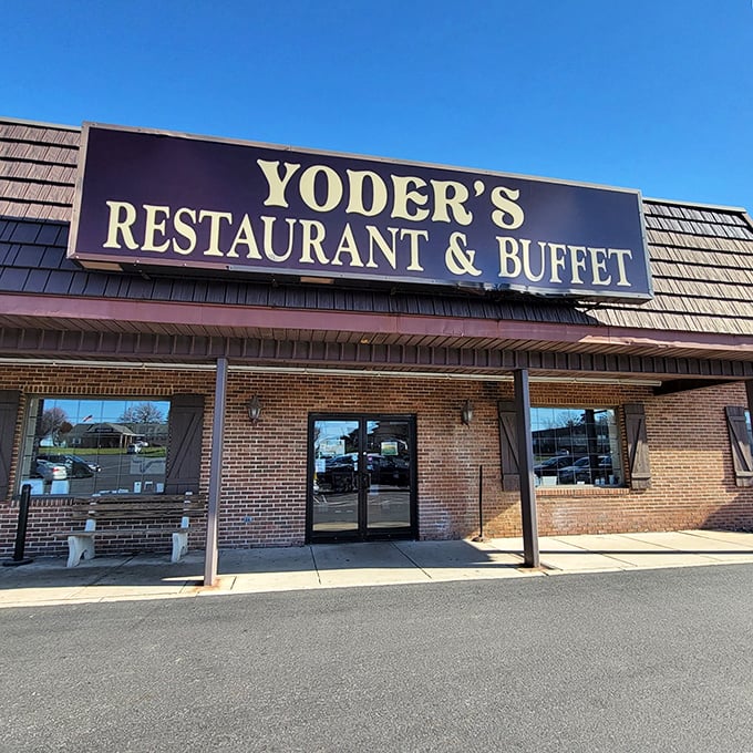 The welcoming entrance to Yoder's—where "buffet" isn't a dirty word but a celebration of abundance, and seconds are practically mandatory.