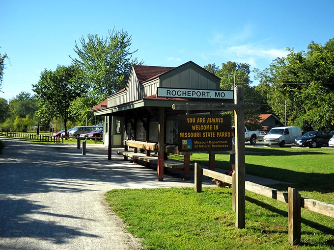 Small-town perfection captured in a single frame where history meets outdoor recreation along the Missouri River.
