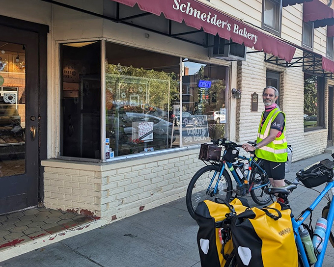 Even cyclists can't resist stopping at Schneider's – proof that donuts are the ultimate energy food!
