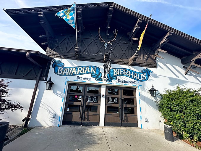 Morning light highlights the Bavarian Bierhaus's impressive entrance, where those doors might as well be portals straight to Munich