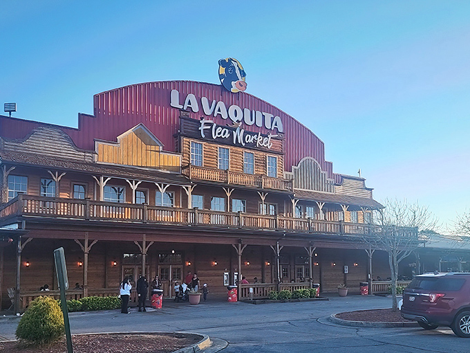 The Wild West meets Mexican mercado at La Vaquita's impressive facade. That giant blue cow isn't just decoration—it's your signal that treasure hunting season is officially open.