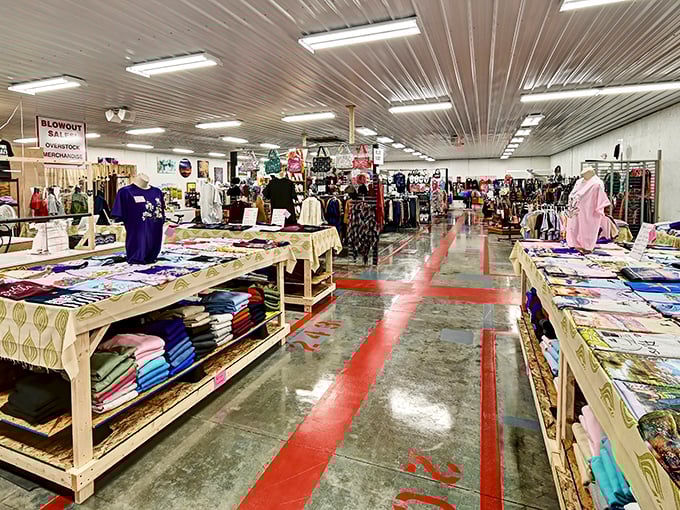 Wide aisles with red pathways guide treasure hunters through a wonderland of fabrics and clothing. Bargain bliss awaits at every turn!