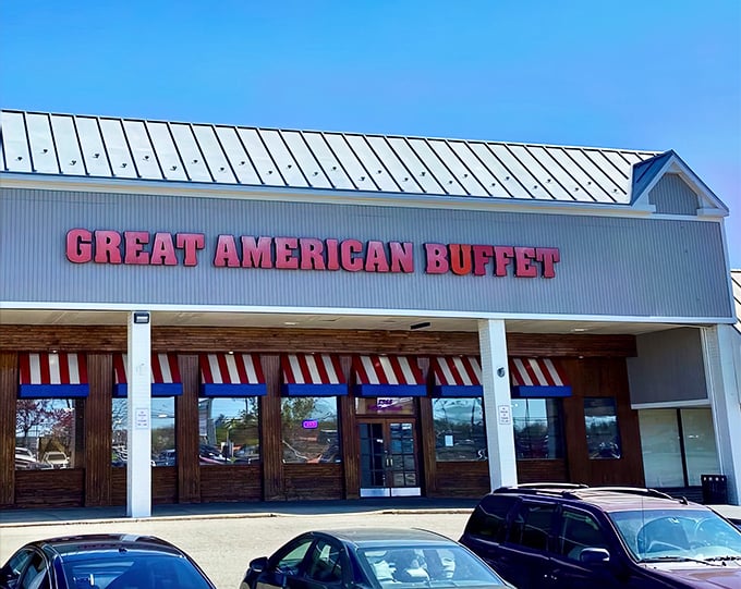 The Great American Buffet's exterior promises what lies within—a temple of culinary abundance where stretchy pants are your best friend. 