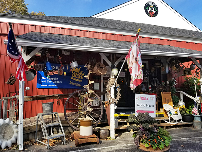 The classic red barn exterior isn't just charming—it's a warning sign to your wallet that resistance is futile. Treasures await inside!