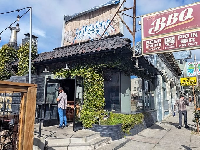The ivy-covered façade of 4505 BBQ beckons like a smoky siren, promising meaty treasures within this unassuming San Francisco gem.