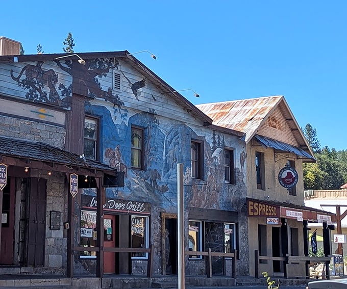 The iconic blue mural adorning the Iron Door Saloon's exterior tells stories of California's wild west days before you even step inside.
