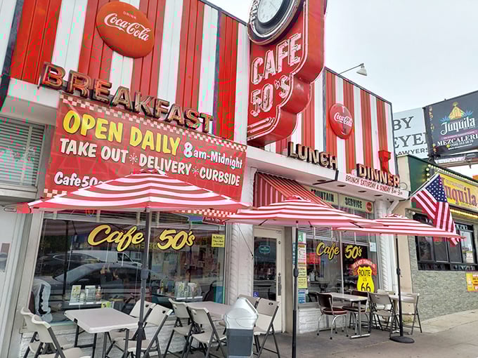 That candy-striped exterior isn't just for show – it's a beacon calling all comfort food lovers home.