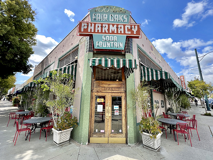 That corner building isn't just a pharmacy – it's a portal to when soda jerks ruled the world.