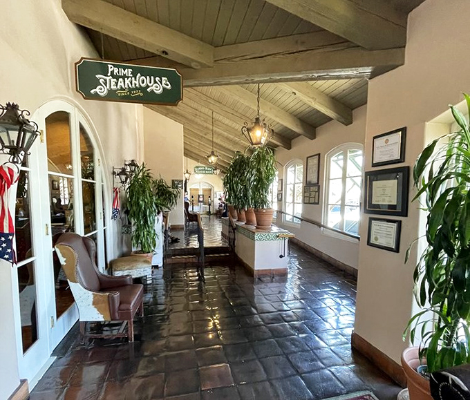 The Spanish mission-style entrance to Harris Ranch beckons like an oasis in the Central Valley desert. Terracotta tiles and wrought iron details promise culinary salvation ahead.