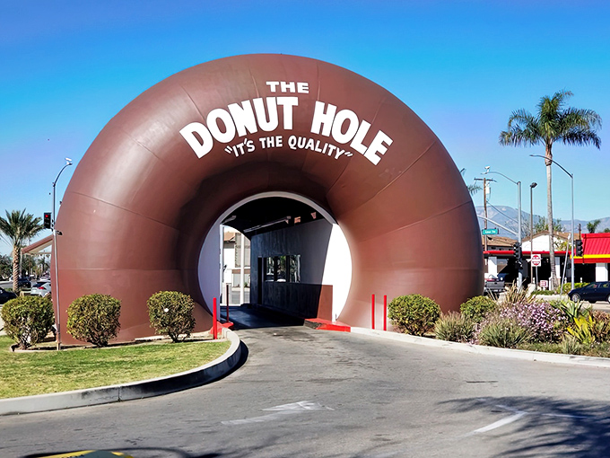 The iconic entrance to The Donut Hole beckons with its giant donut portal—architectural whimsy that promises sweet rewards inside.