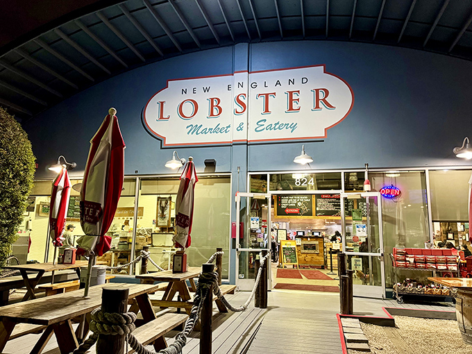 The blue facade with its classic signage promises East Coast authenticity in California. Those picnic tables aren't just seating—they're stages for impending seafood euphoria.