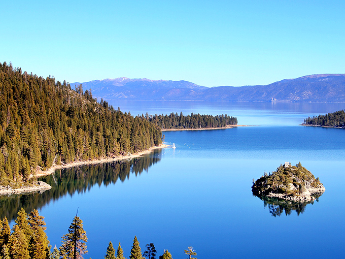 Mother Nature showing off her best work—Emerald Bay's impossibly blue waters cradle Fannette Island like a precious jewel in California's alpine crown.