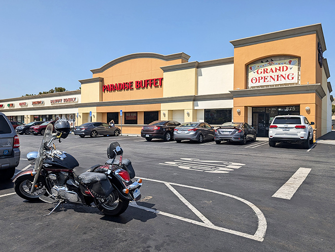 The unassuming strip mall exterior of Paradise Buffet belies the culinary wonderland within. Like finding a treasure map in your junk drawer—unremarkable until you realize what it leads to.