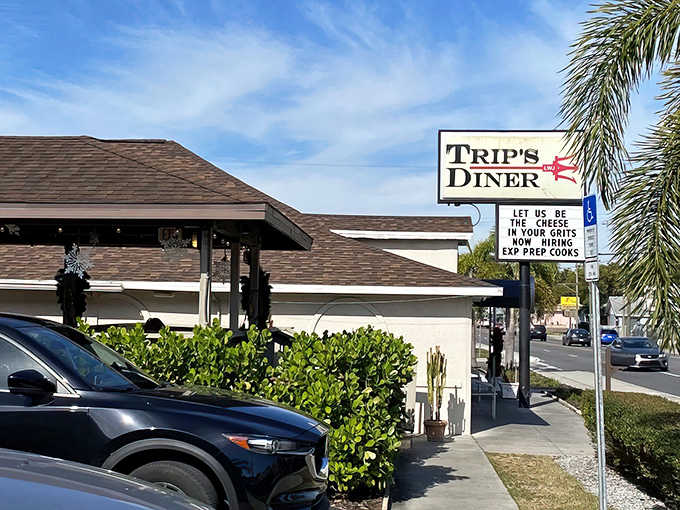Trip's Diner welcomes hungry patrons with its unassuming charm and promise of "BREAKFAST ALL DAY" – words that should be on the Florida state flag.