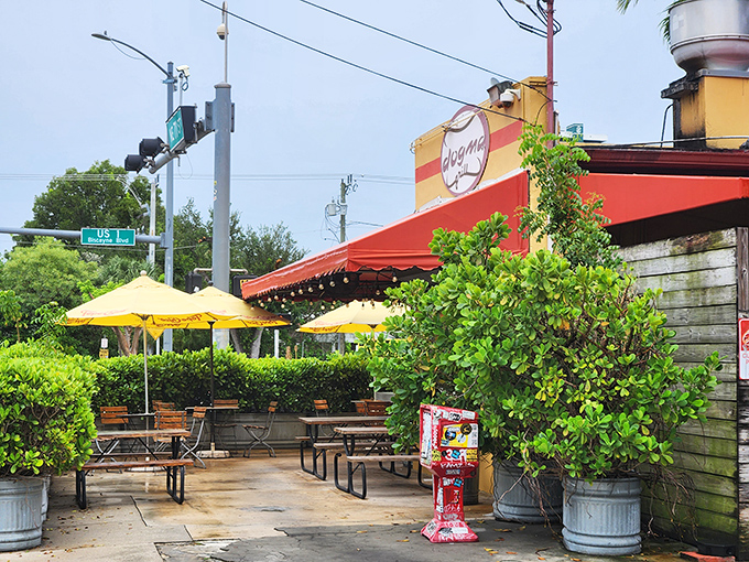 The corner of heaven and happiness! Dogma Grill's iconic yellow building with red awning stands like a beacon for hungry Miami locals seeking frank perfection.