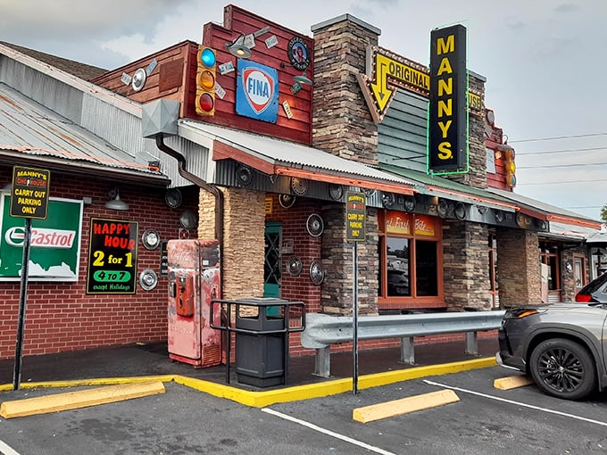 The ultimate roadside revelation: Manny's exterior blends vintage gas station charm with steakhouse promise, like finding treasure at a rest stop.
