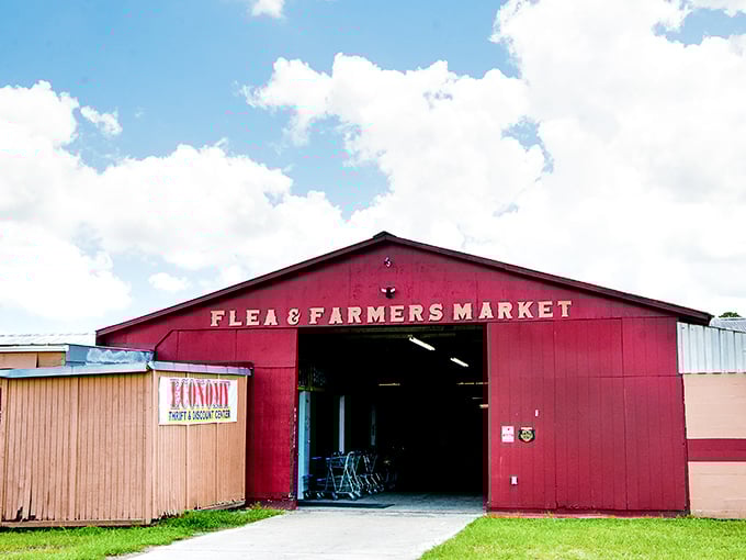 The iconic red barn entrance beckons like a siren song to bargain hunters. This is where weekend treasure hunting begins!