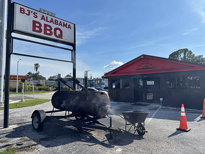 That smoker isn't just equipment—it's a billboard announcing "life-changing barbecue ahead" more effectively than any neon sign ever could.