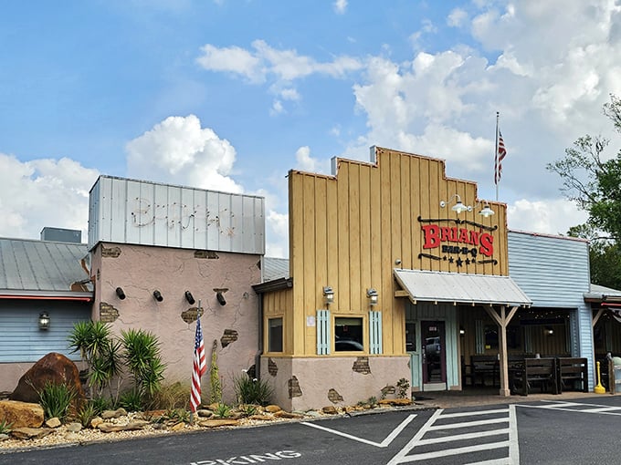 The Western-style façade of Brian's isn't just Instagram bait—it's a promise of authentic BBQ magic waiting inside.