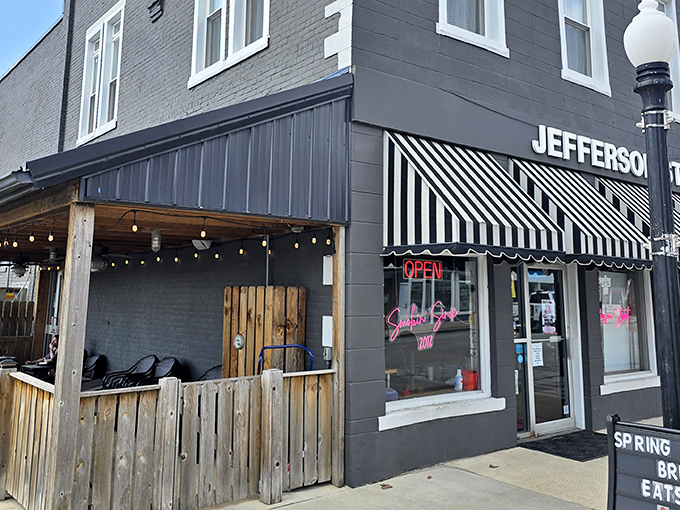 The sleek black exterior with crisp white trim isn't just eye-catching—it's a beacon of barbecue hope in small-town Indiana.