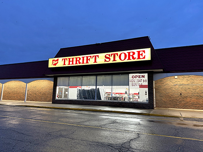 The iconic red roof of Ohio Thrift beckons like a beacon of bargain possibilities. Your wallet's happy place awaits inside.
